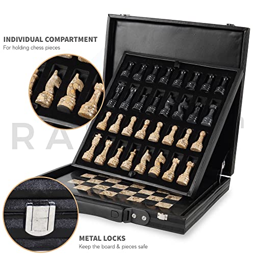 RADICALn 15 Inches Large Handmade Black and Fossil Coral Weighted Marble Full Chess Game Set Staunton and Ambassador Gift Style Marble Tournament Chess Sets