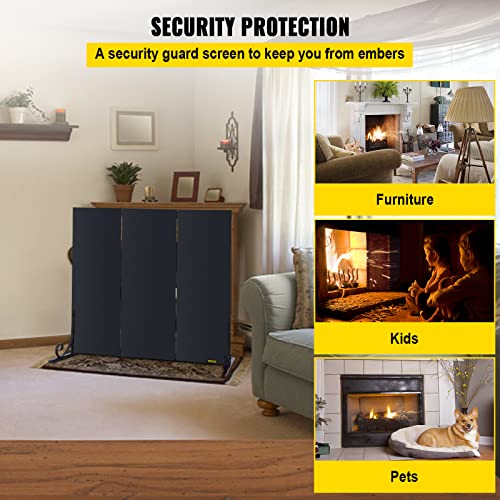 VEVOR Fireplace Screen, 47 x 34.3 Inch, 3-Panel Iron Freestanding Spark Guard with Support, Metal Craft, Broom Tong Shovel Poker Included, for Fireplace Decoration & Protection, Black