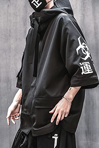 Niepce Inc Japanese Streetwear Zip Up Windbreaker Jacket for Men (Black2, XL)