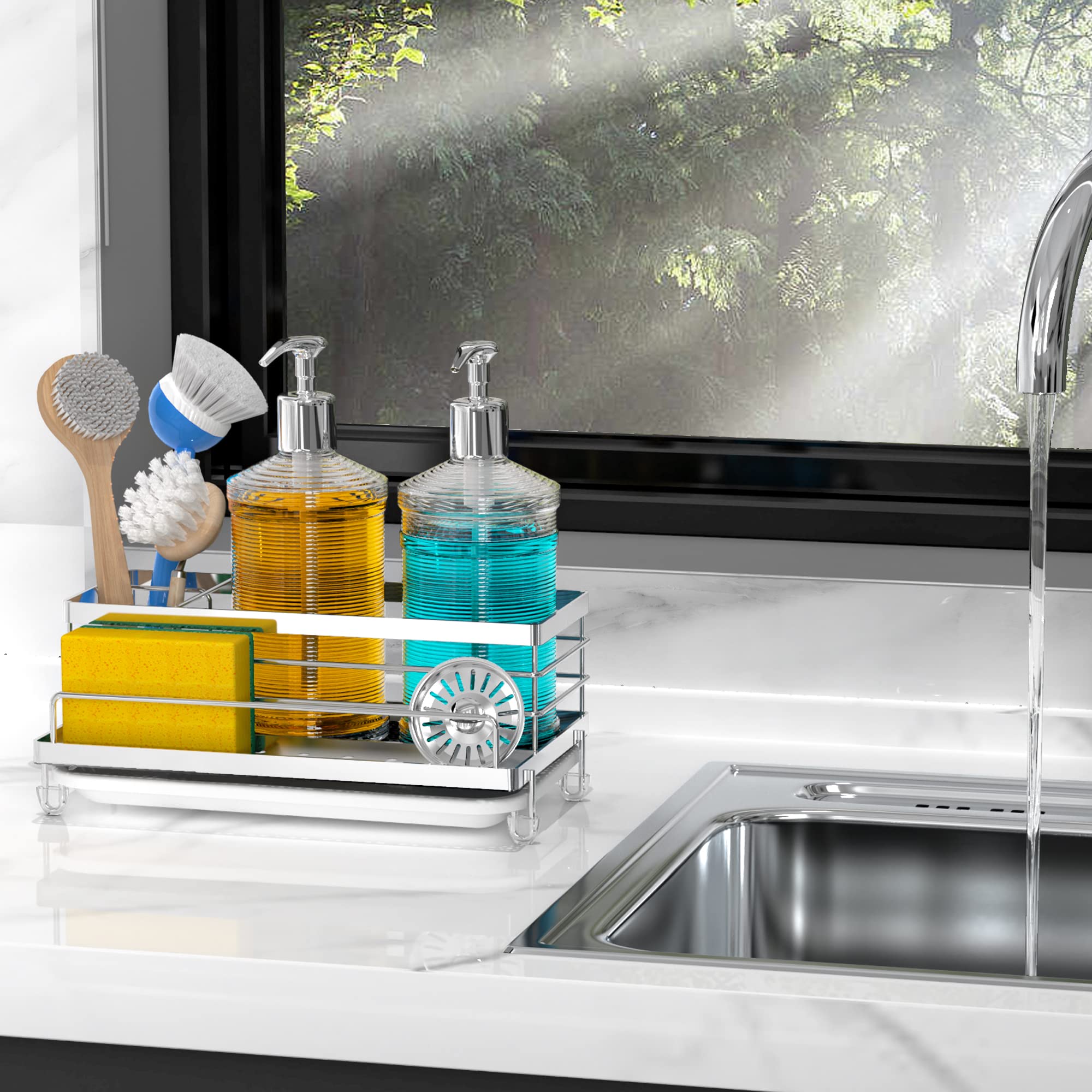 Cisily Sponge Holder, Caddy Organizer, Sink Accessories with Drip Tray, Rustproof and Non-slip, Kitchen Essentials for New Home