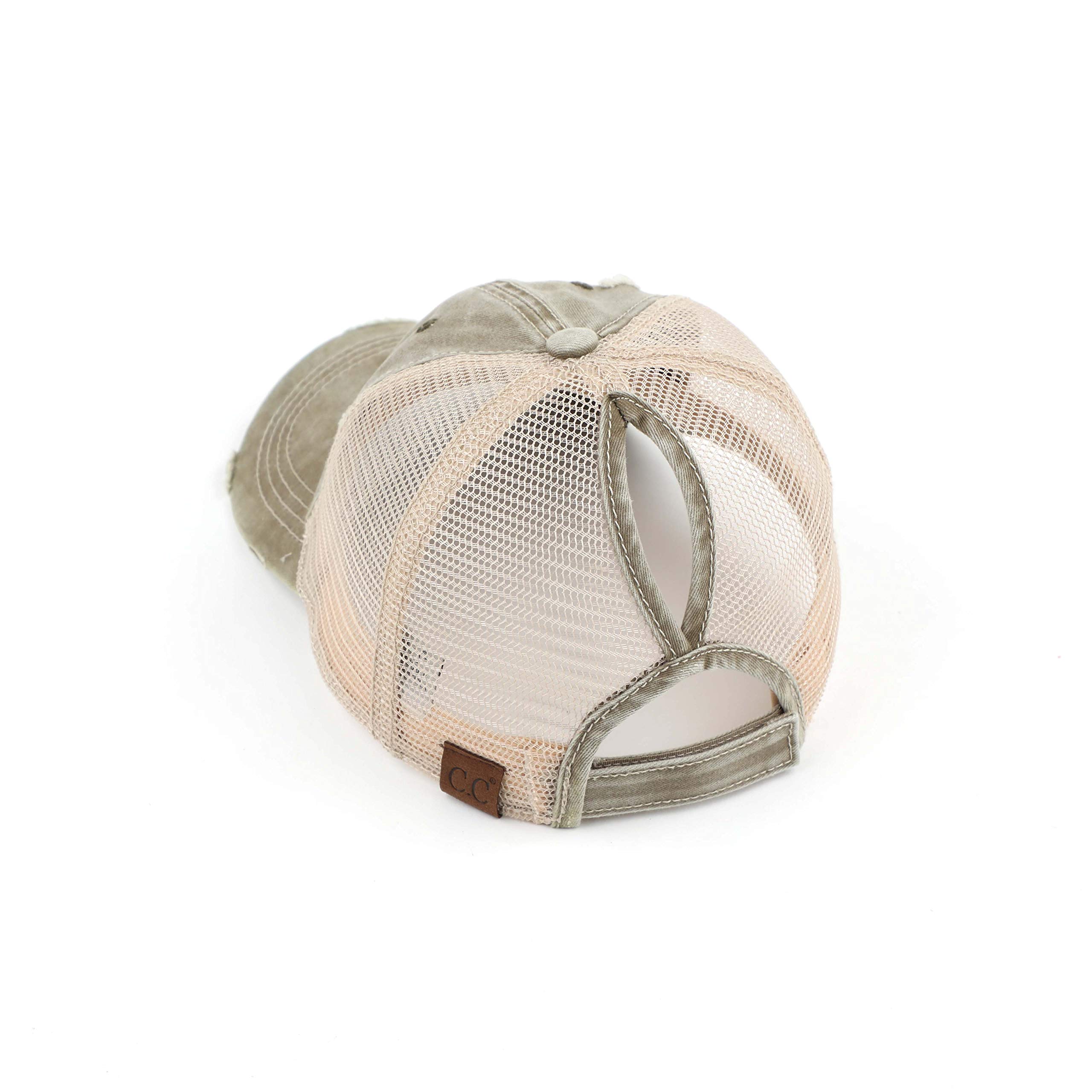 Classic Back Distressed Ponycap: Olive W/Beige Mesh