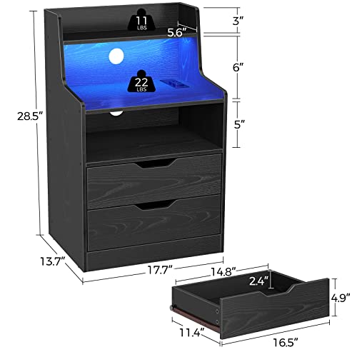 Rolanstar Nightstand with Charging Station and LED Lights, 2 AC and USB Power Outlets, Night Stand with 2 Drawers and Storage Shelves, Bedside Table for Bedroom - Black