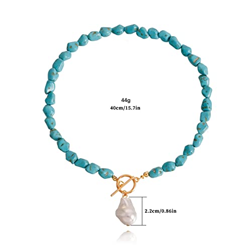 Darren' Irregular Natural Turquoise Necklace 16 Inch,Irregular Pearl Shape Pendant,Single Layered Necklaces for Women,Bohemian Necklace,Handmade Pendant