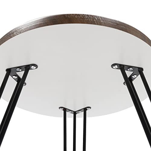 Round End Table, Small Side Table with Storage Shelf, 2-Tier Circular Rustic Vintage Table, Solid Telephone Table Nightstand for Living Room Bedroom Entryway, Black Metal Leg and Walnut Boards