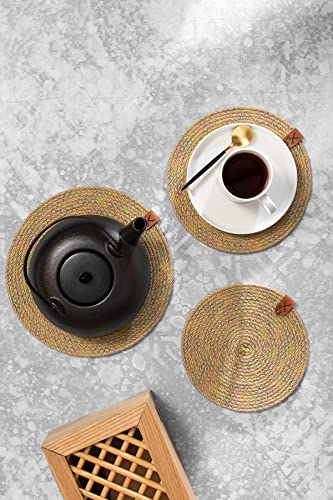Round Natural Jute Rope Set of 3 Trivet Mats Pot Holder Hot Pads Plate Holder Coasters (Greenish Thread)