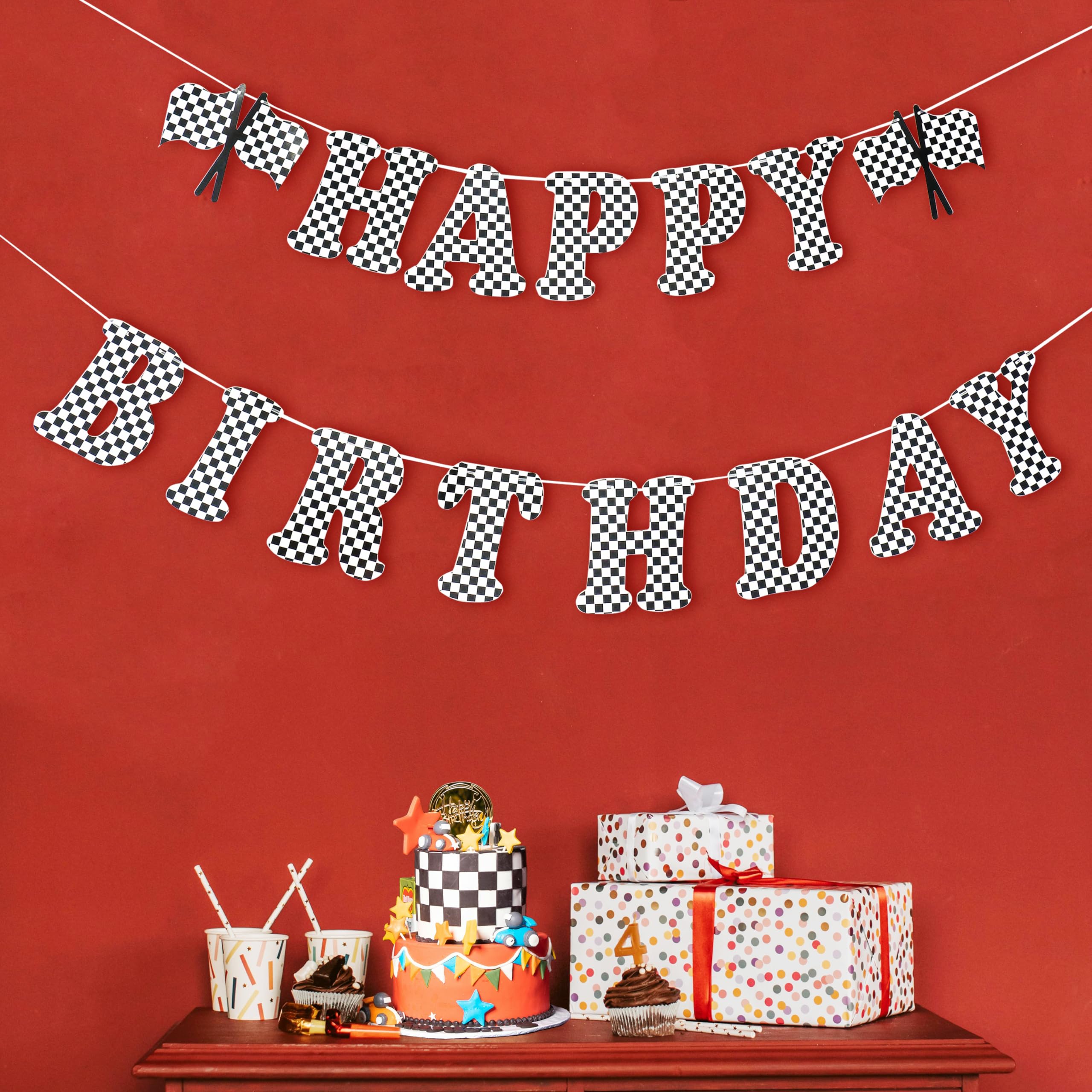 Diprin Racing Birthday Banner, Black and White Checkered Banner Racing Birthday Party Decorations, for Nascar Race Party Supplies 
