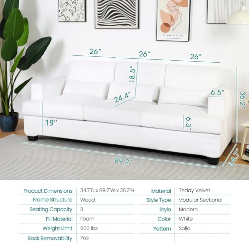 Kikihuose Modular Sectional Sofa Couch, L Shaped Couch with Storage Ottoman, Convertible Sofa with Chaise, Modern 3 Seater Comfy Couch for Living Room, Apartment, Small Space, White