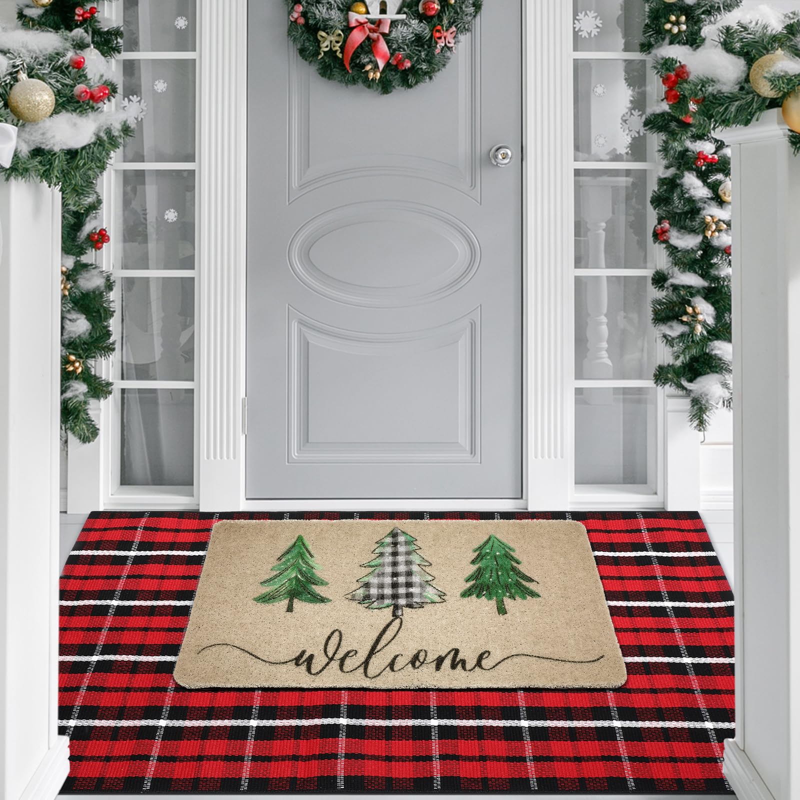 FuWeave 2 Pcs Christmas Doormats with Outdoor Rug Christmas Door Mat Combo Set 100% Coir Welcome Mat and 27.5"x 43" Buffalo Plaid Layering Rug for Xmas Holiday Christmas Outdoor Front Porch Decor