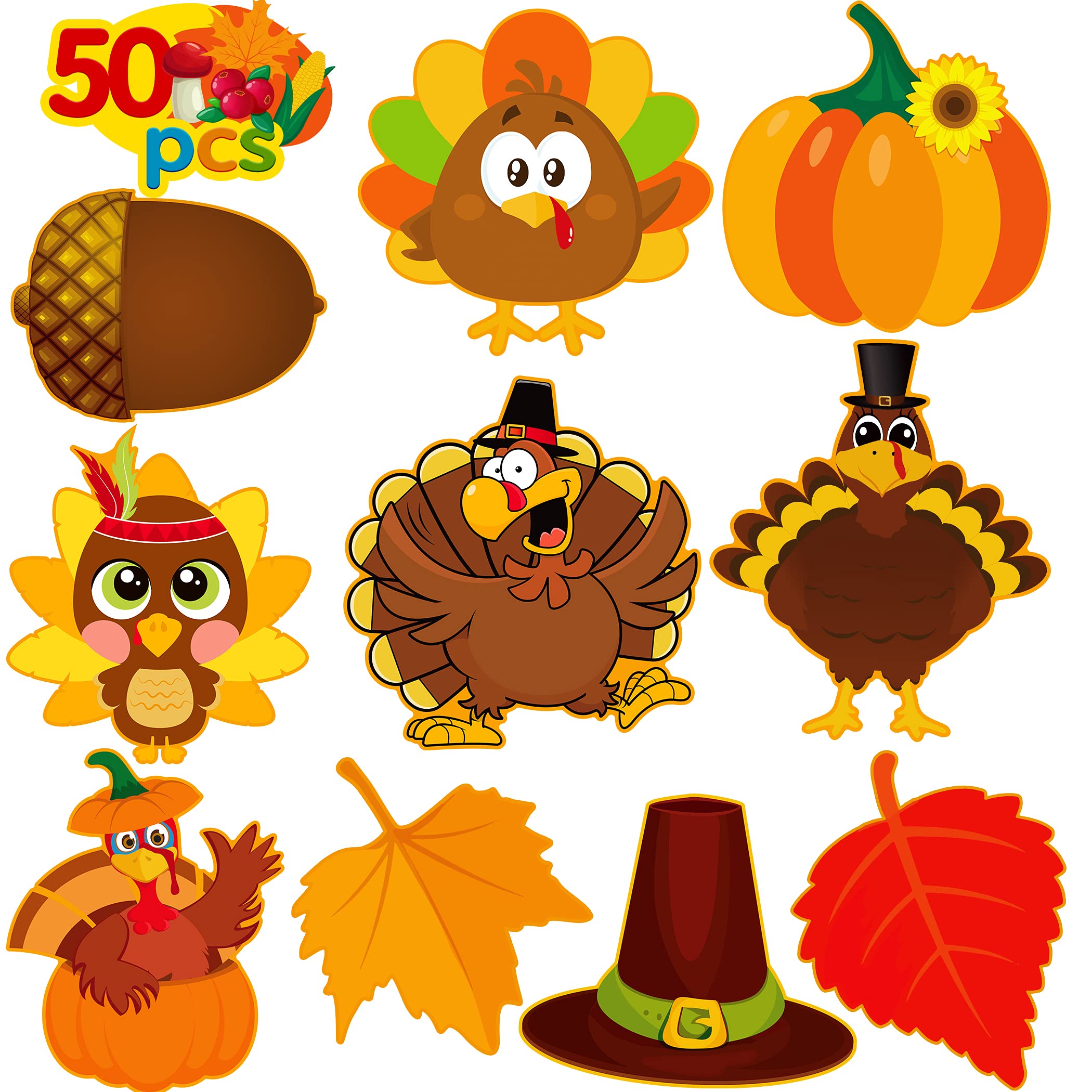Joy Bang Fall Bulletin Board Decorations, 50 Pcs Autumn Fall Cutouts Pumpkin Leaves Turkey Cutouts for Classroom School Thanksgiving Bulletin Board Decorations Decor