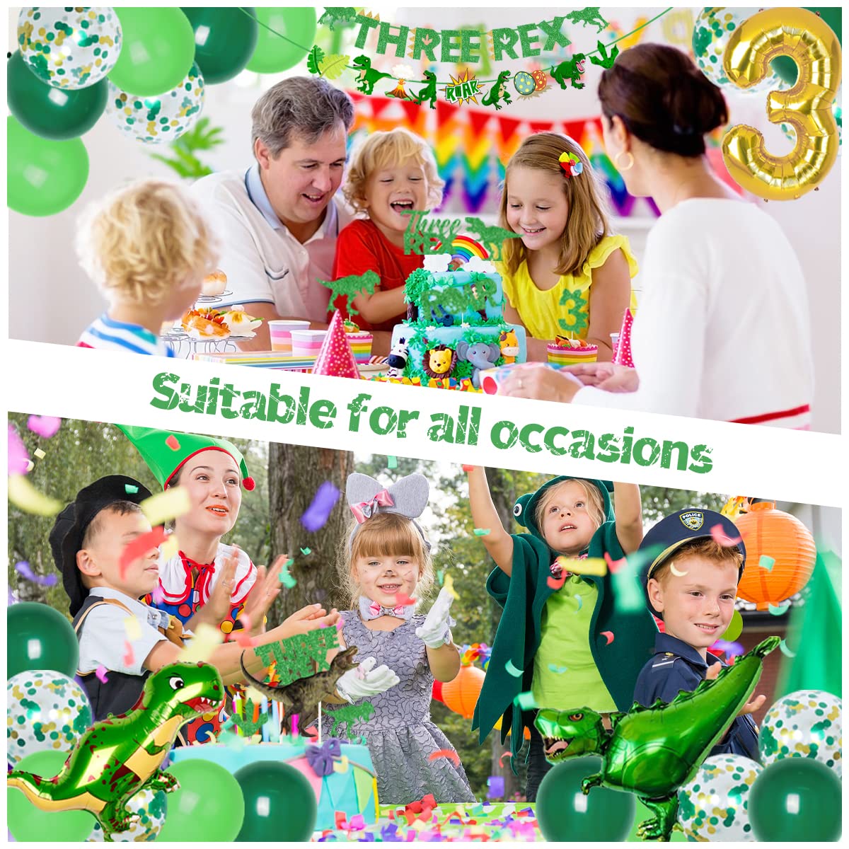 Dinosaur 3rd Birthday Decorations, 3 Rex Birthday Party Supplies - Three Rex Banner, Cake&Cupcake Toppers, Dinosaur Balloons,Temporary Tattoos for Roar I’m 3 Boys Girls Birthday