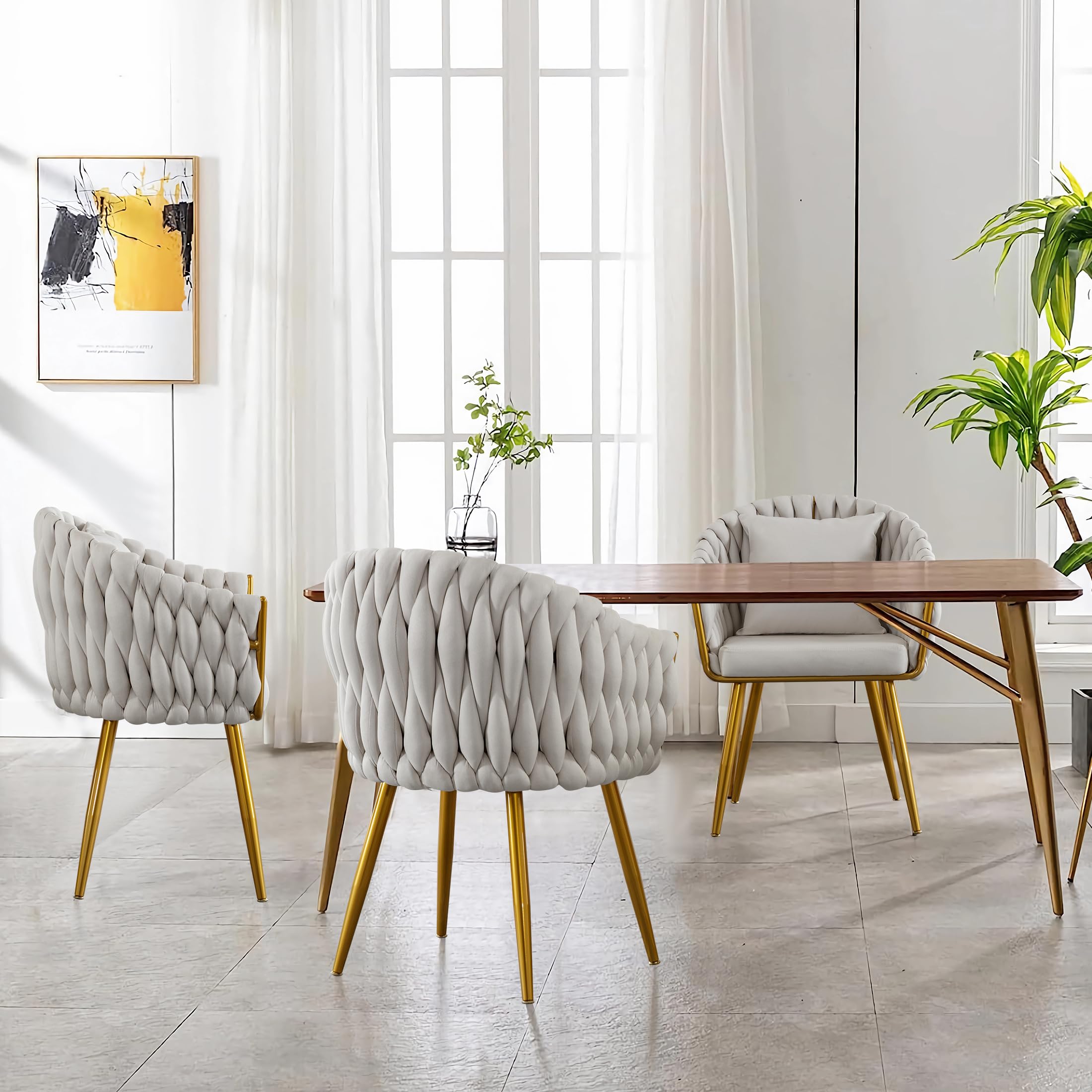 BOSMILLER Woven Dining Chairs, Modern Dining Room Chairs with Gold Metal Non-slip Legs, Curved High Backrest Round Upholstered Dining Chair with Headrest, for Living Room, Dining Room (Beige)