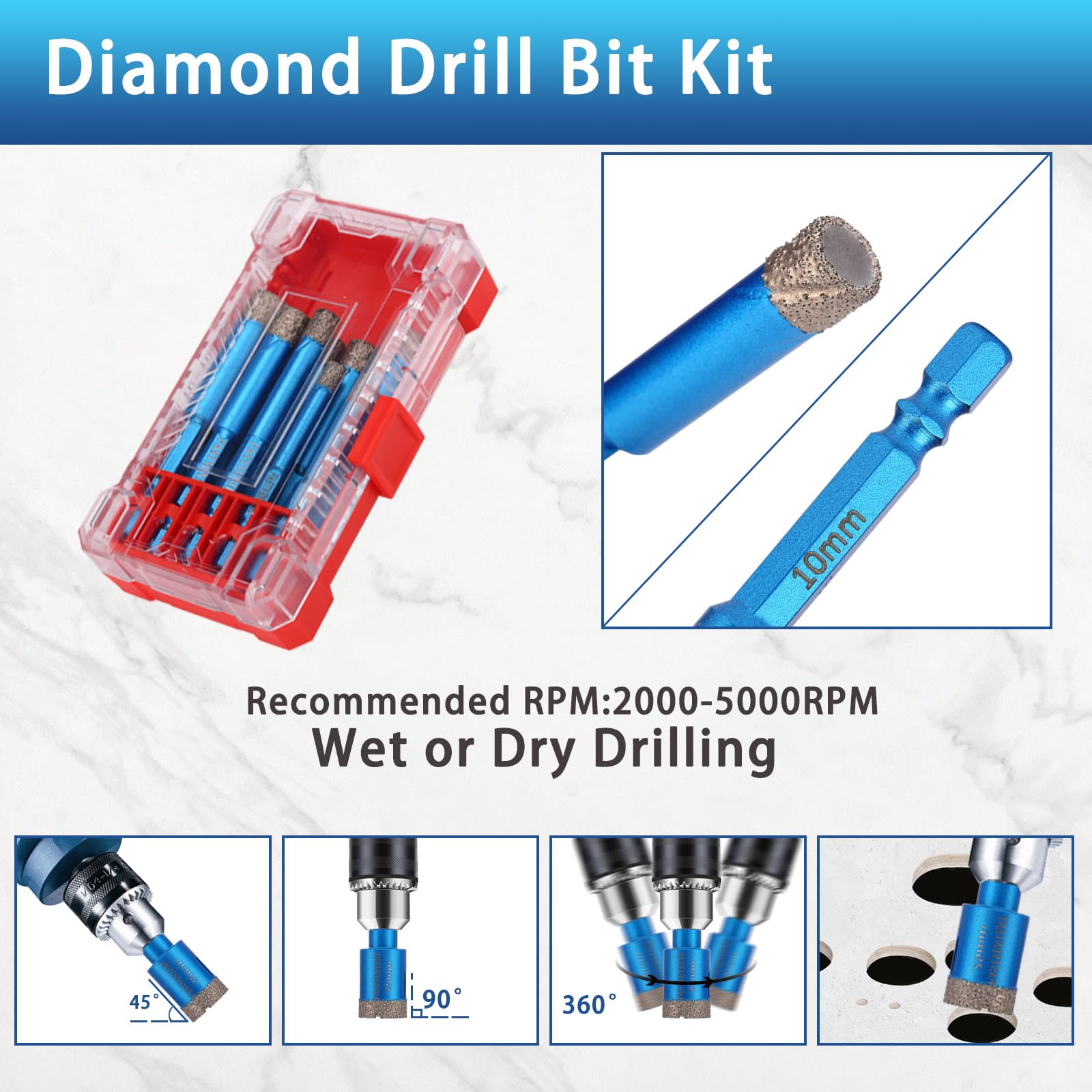 FASTVENIENT Diamond Drill Bits Set,5pcs Tile Hole Saw,Diamond Hole Saw Size(3/16”,1/4”, 5/16” 3/8”, 1/2”),1/4 Inch Hex Shank for Glass,Ceramic,Porcelain,Tiles,Marble Brick,Granite,Quartz Pots,Acrylic