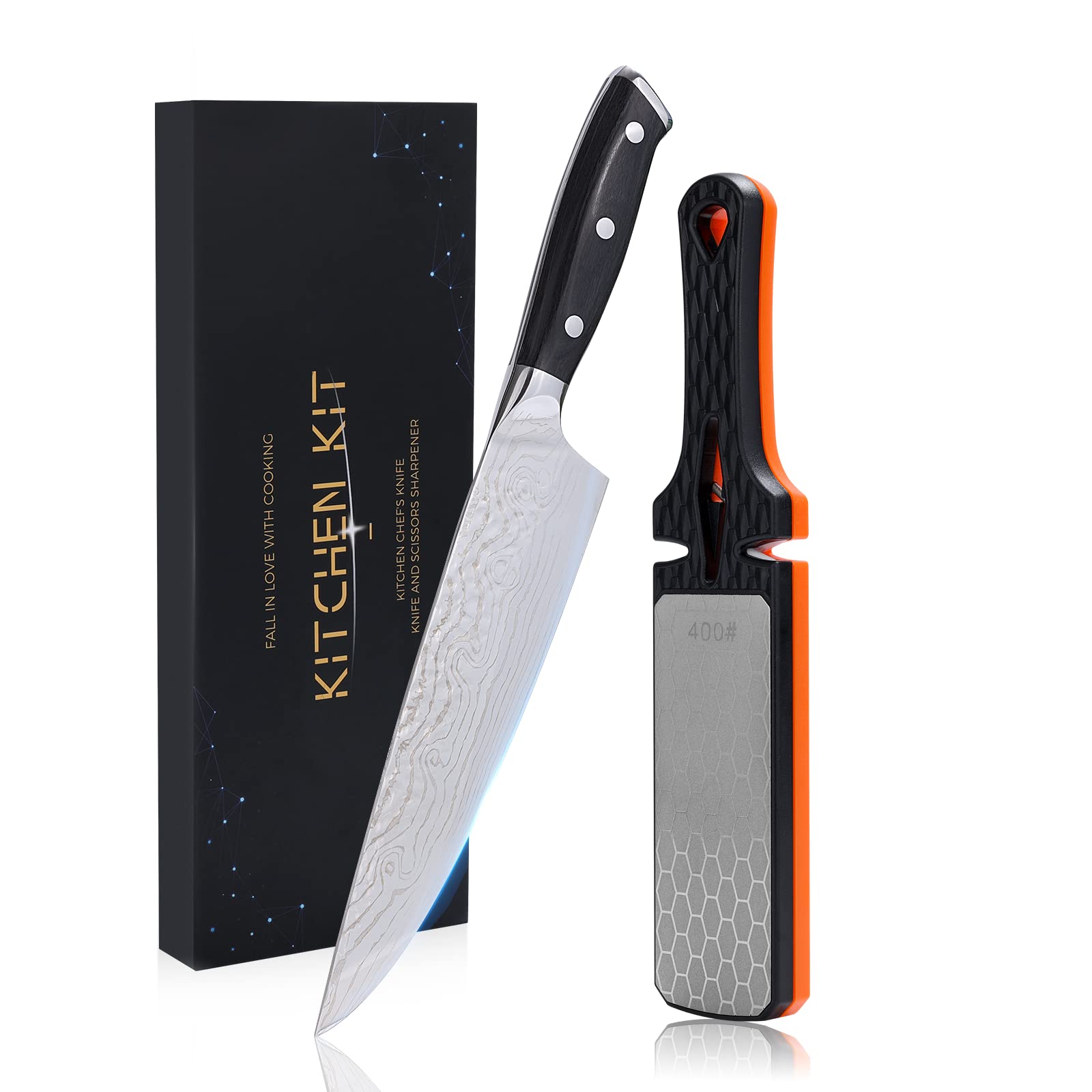 ETITATO Chef Knife Knife Sharpeners, Kitchen Kit 8 Inches Non-Stick Stainless Steel Ultra Sharp Kitchen Knives for Home Kitchen, Professional 5-in-1 Sharpening stone with 3 Slots for Knives Scissors