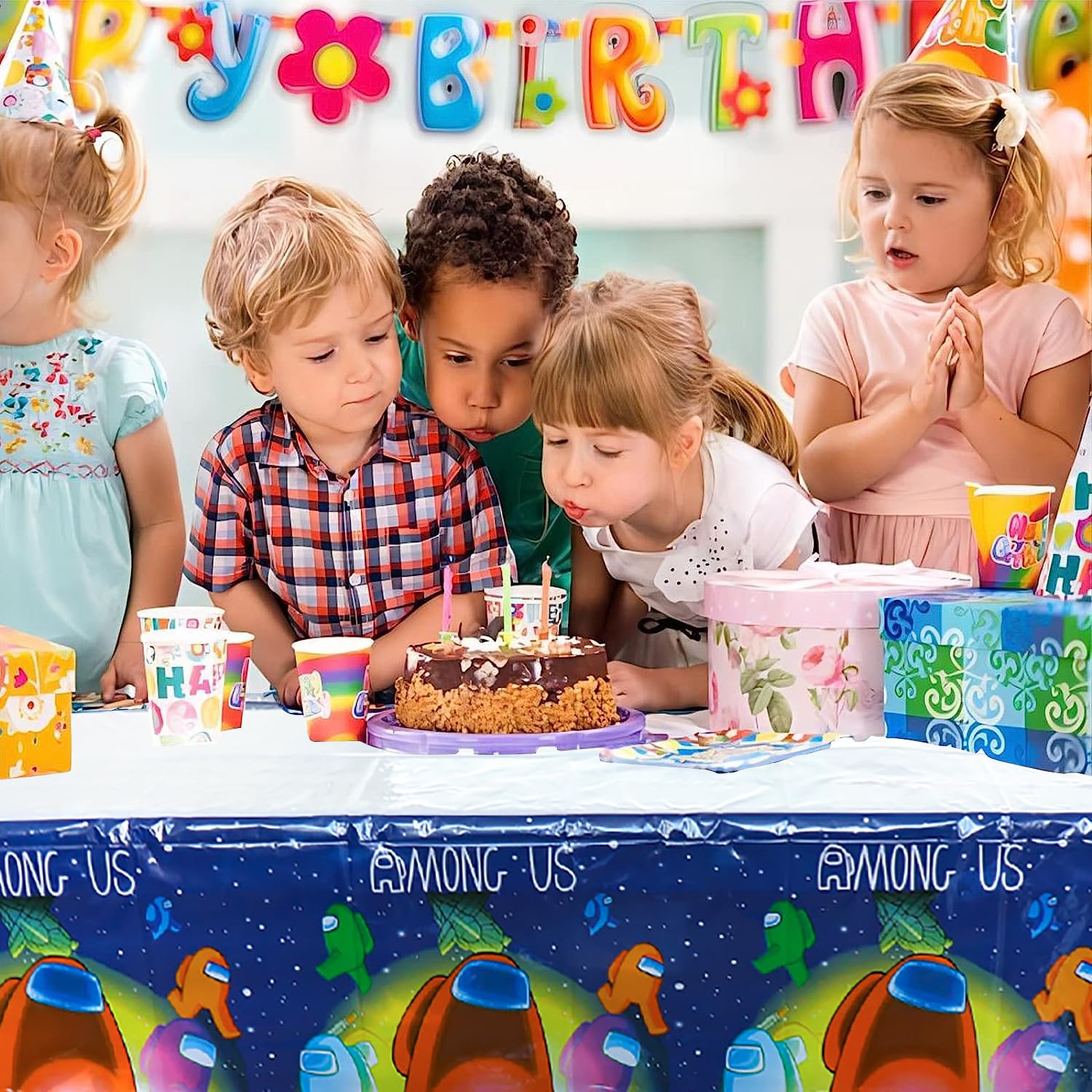 Fuyhiuous 2Pcs Among Game Tablecloth Disposable Tablecover Birthday Party Supplies and Decorations for Kid Boy Baby Shower Rectangle Tables 70"X42",2 Pack