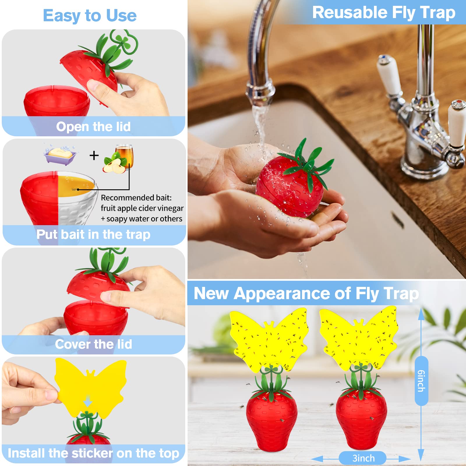 Fruit Fly Traps for Indoors, Gnat Killer Pet&People Safe, Effective Easy Use Fruit Flies Catcher for Mosquitoes, Gnats, Moths, Durable Flies Hunter with Sticky for Home Plants Kitchen 2P
