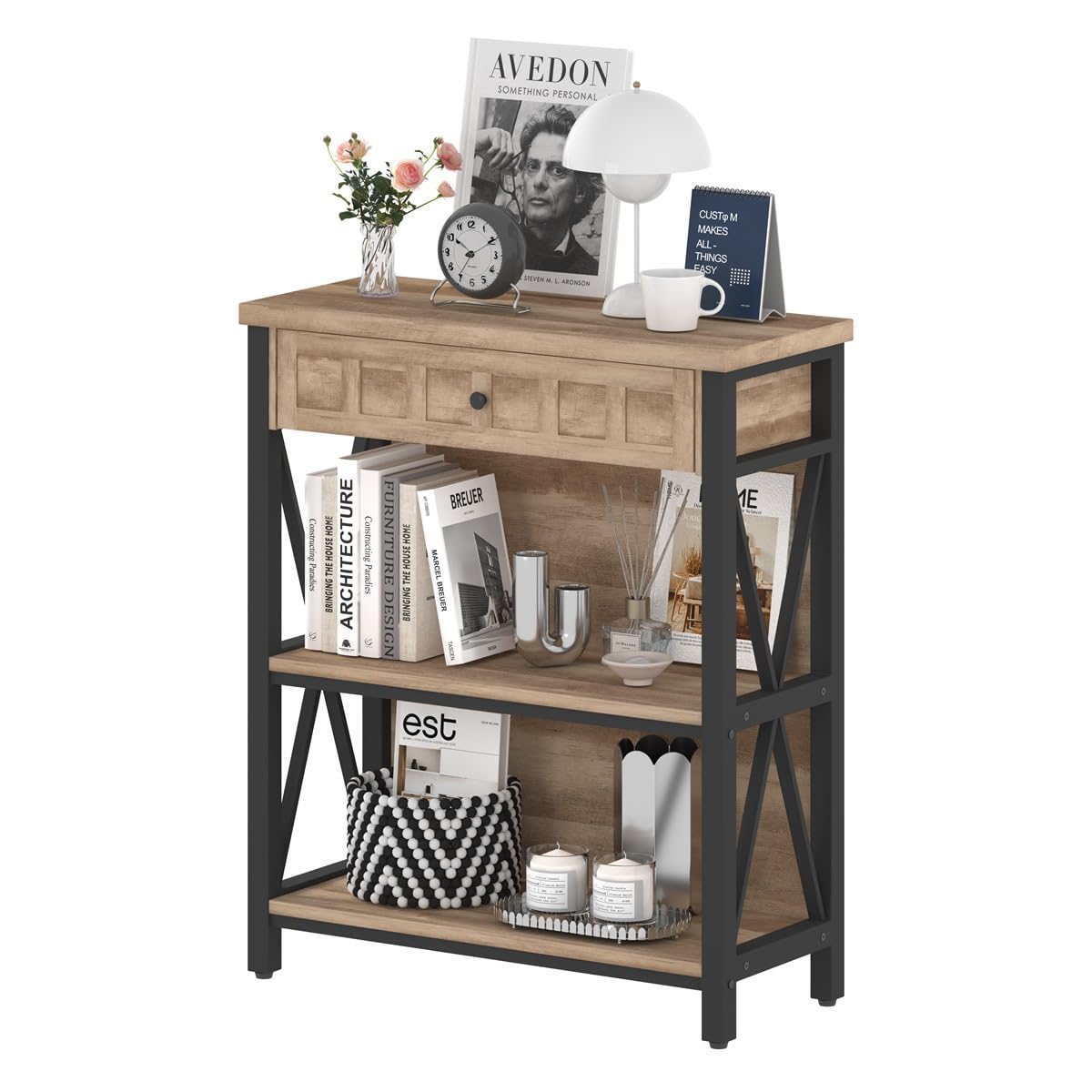 FATORRI Rustic Bookshelf with Drawer, Industrial Wood and Metal Bookcase, Small Book Shelf and Low Book case for Small Space (Rustic Oak)