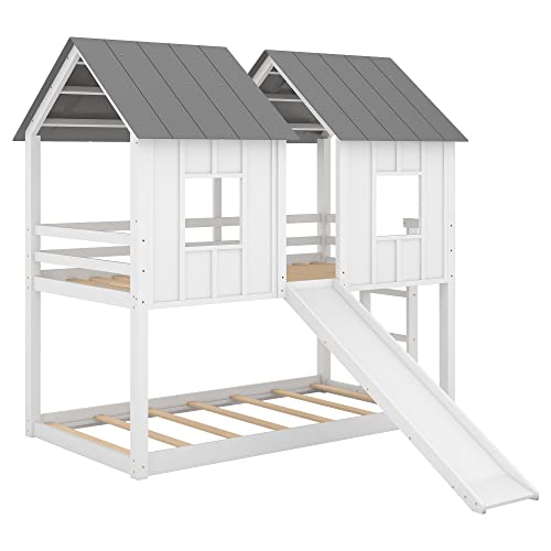 Polibi Twin-Over-Twin Wooden House Bunk Bed with Slide, Windows, Ladder and Guardrails, Twin Size White House Bunk Bed