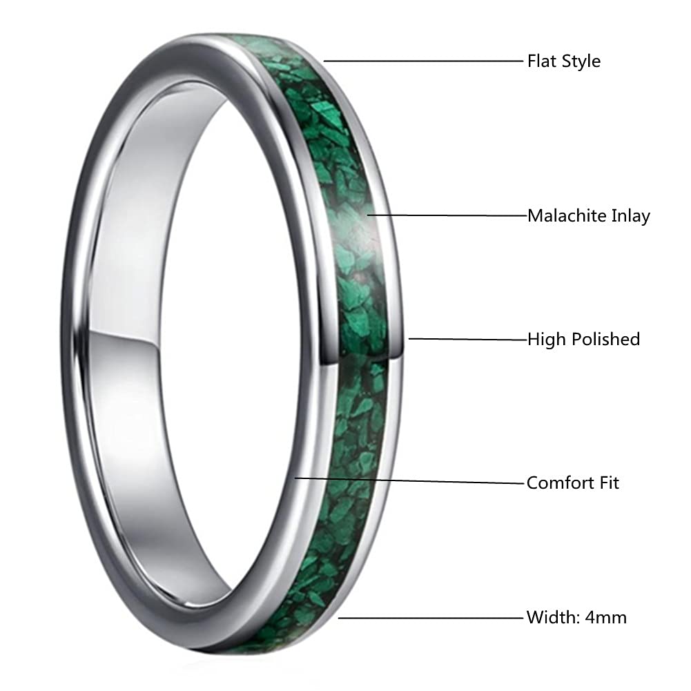 Corato Womens 4mm Silver Tungsten Wedding Rings with Malachite Fragments Inlaid Promise Ring for Couples Size 6