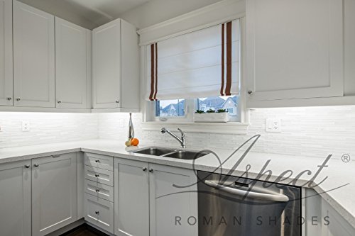 LOGANOVA Flat Roman Shade Chevalle Chocolate. White base with double dark brown border and chain mechanism. Custom made.