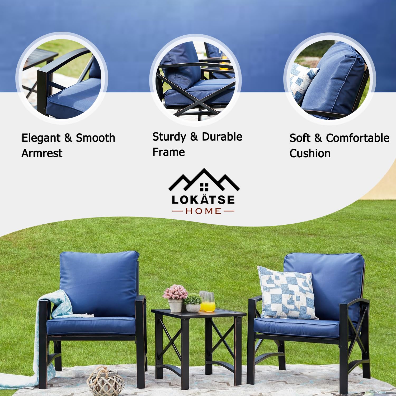 LOKATSE HOME 3 Piece Outdoor Patio Chairs Set with Table, Bistro Furniture Metal with Cushions, Blue