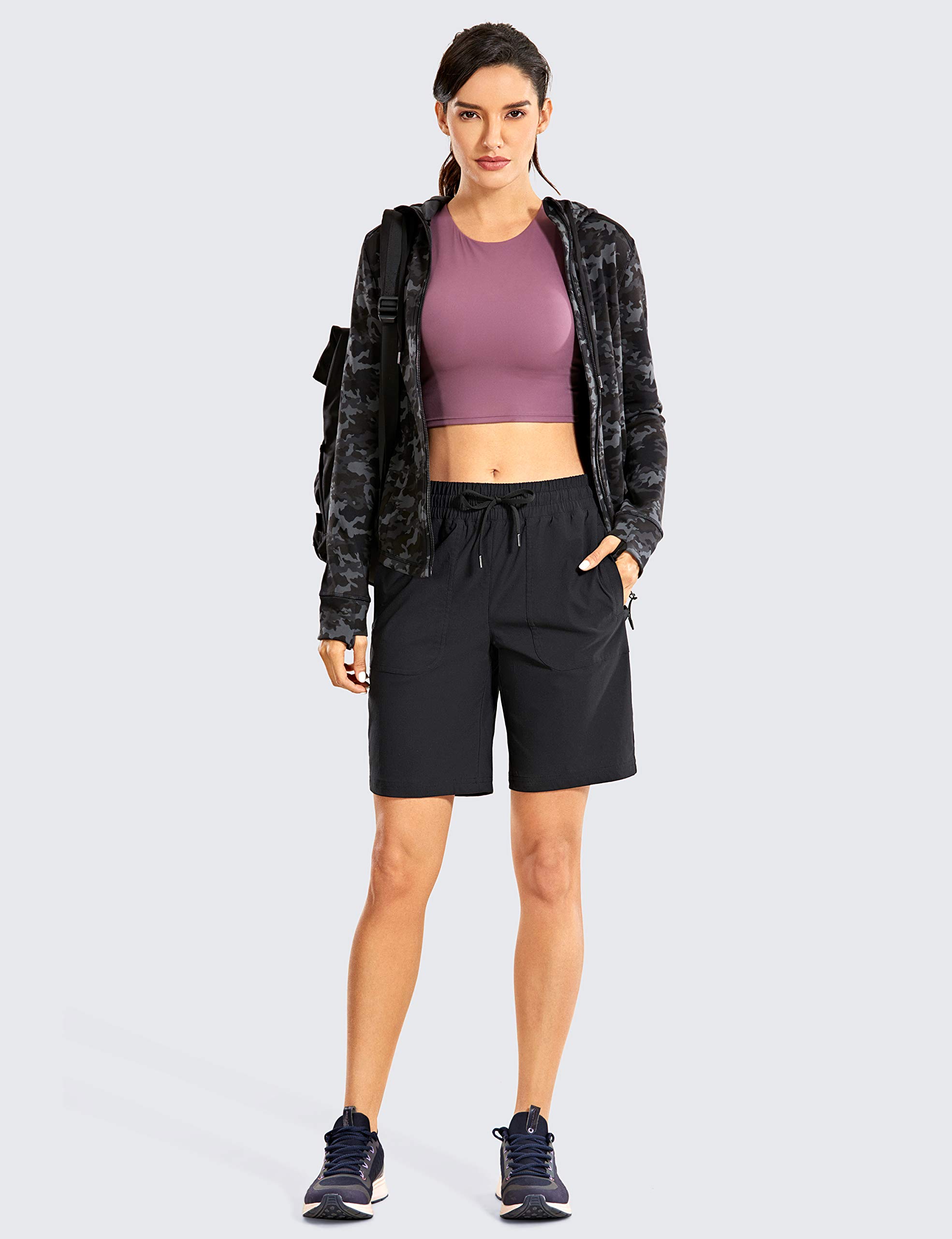 CRZ YOGA Women's High Waisted Bermuda Hiking Shorts 9'' - Quick Dry Knee Length Athletic Golf Outdoor Shorts Pockets Black Medium
