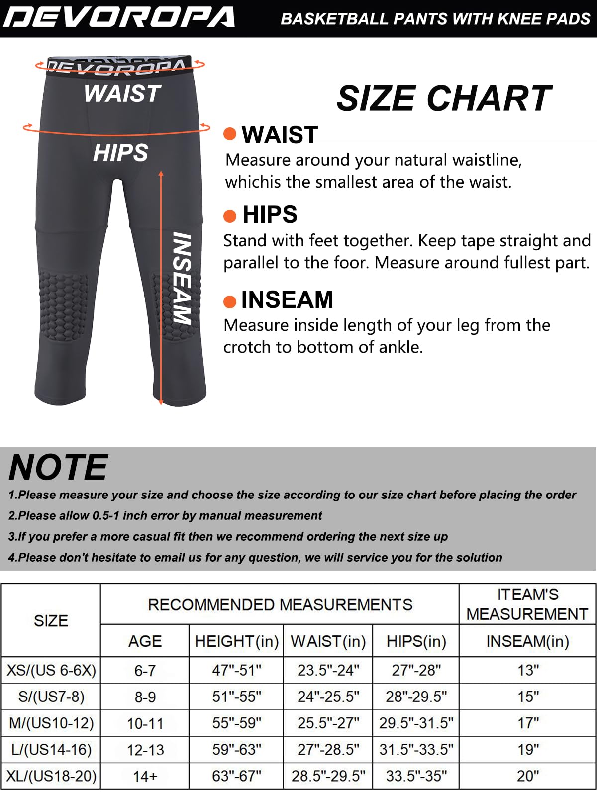 DEVOROPA Youth Boys' Compression Pants with Knee Pads 3/4 Basketball Athletic Tights Quick Dry Sports Workout Leggings Royal L