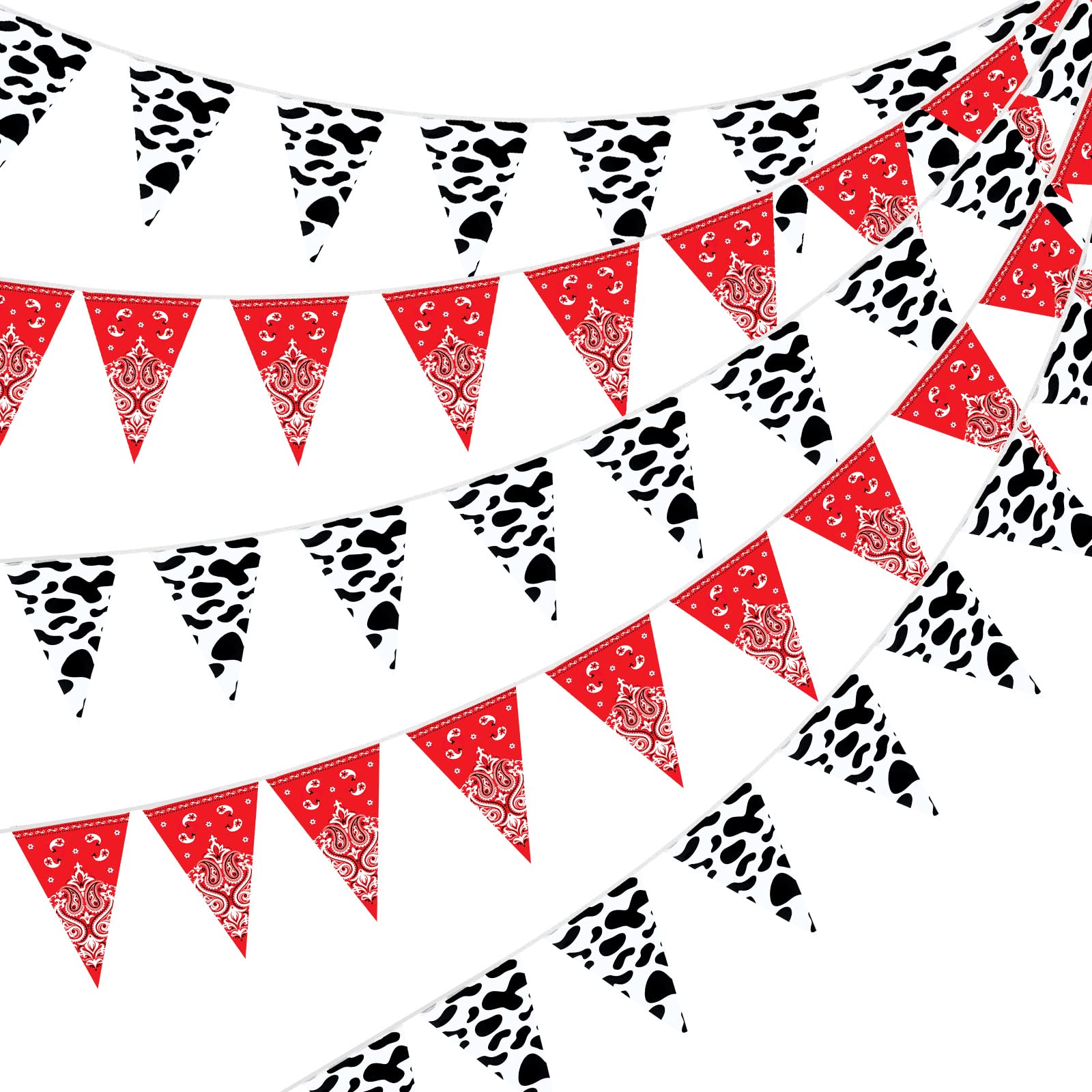 Ctosree 5 Pack 49 Ft Cow Print Bandana Pennant Banners Cow Bunting Banner Western Cowboy Baby Shower Birthday Party Supplies Red White Black Flag for Wild West Farm Theme Party Decor, 7.5 x 10.8 Inch