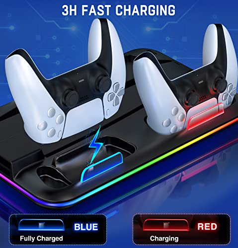 DINOSTRIKE PS5 Cooling Station with RGB Light, PS5 Stand with Cooling Fan for PS5 Disc&Digital Editions Dual Controllers Charger Station, PS5 Accessories for PS5 Console Headset Holder, 6 Game Slots