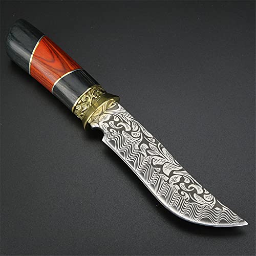 Damascus Steel Straight Knife Fixed Blade Knife with Wood Handle+Sheath for Outdoor Survival, Hunting,Camping,Fishing