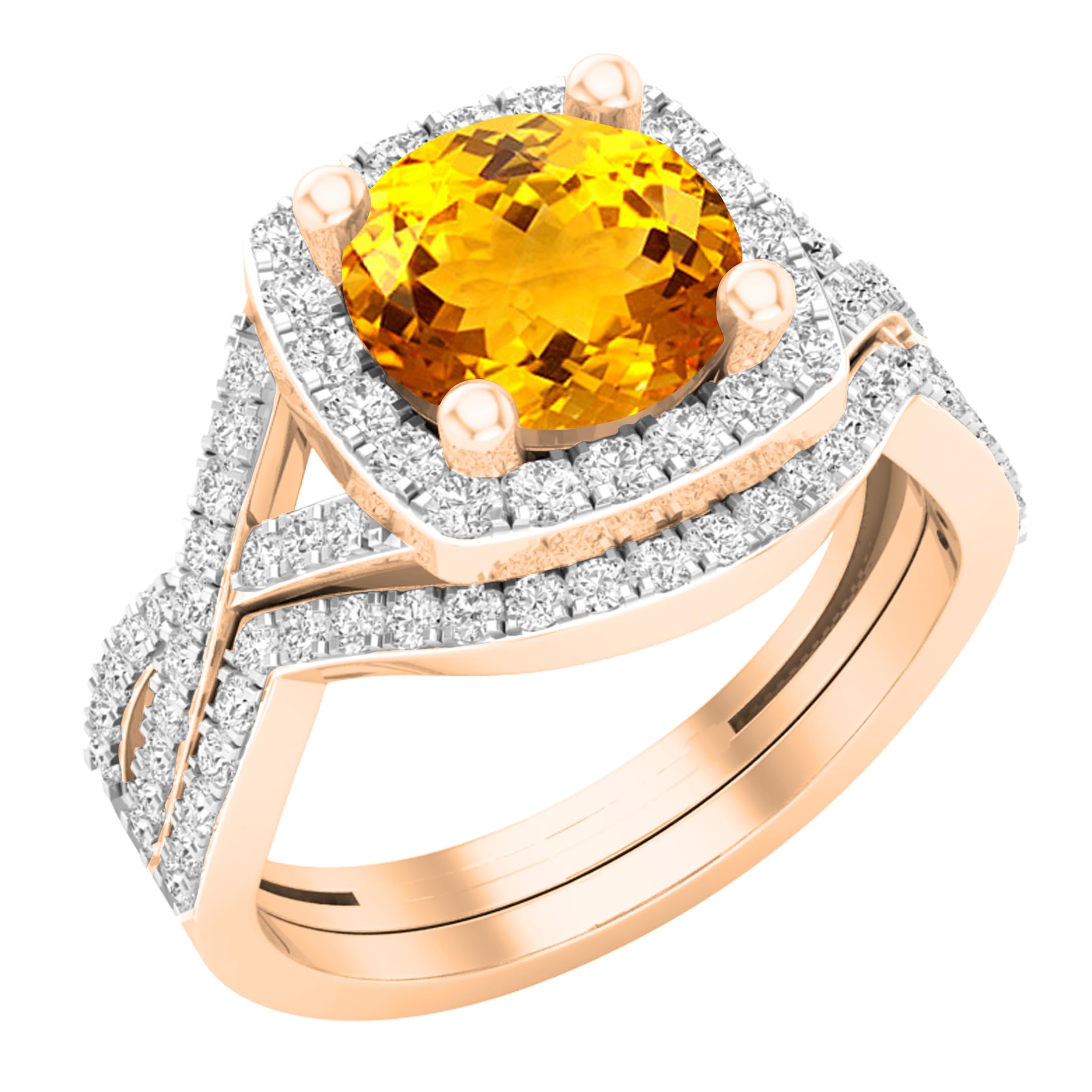 Dazzlingrock Collection 8 mm Round Citrine & White Cubic Zirconia Ladies Split Shank Halo Wedding Ring Set, 10K Rose Gold, Size 7.5