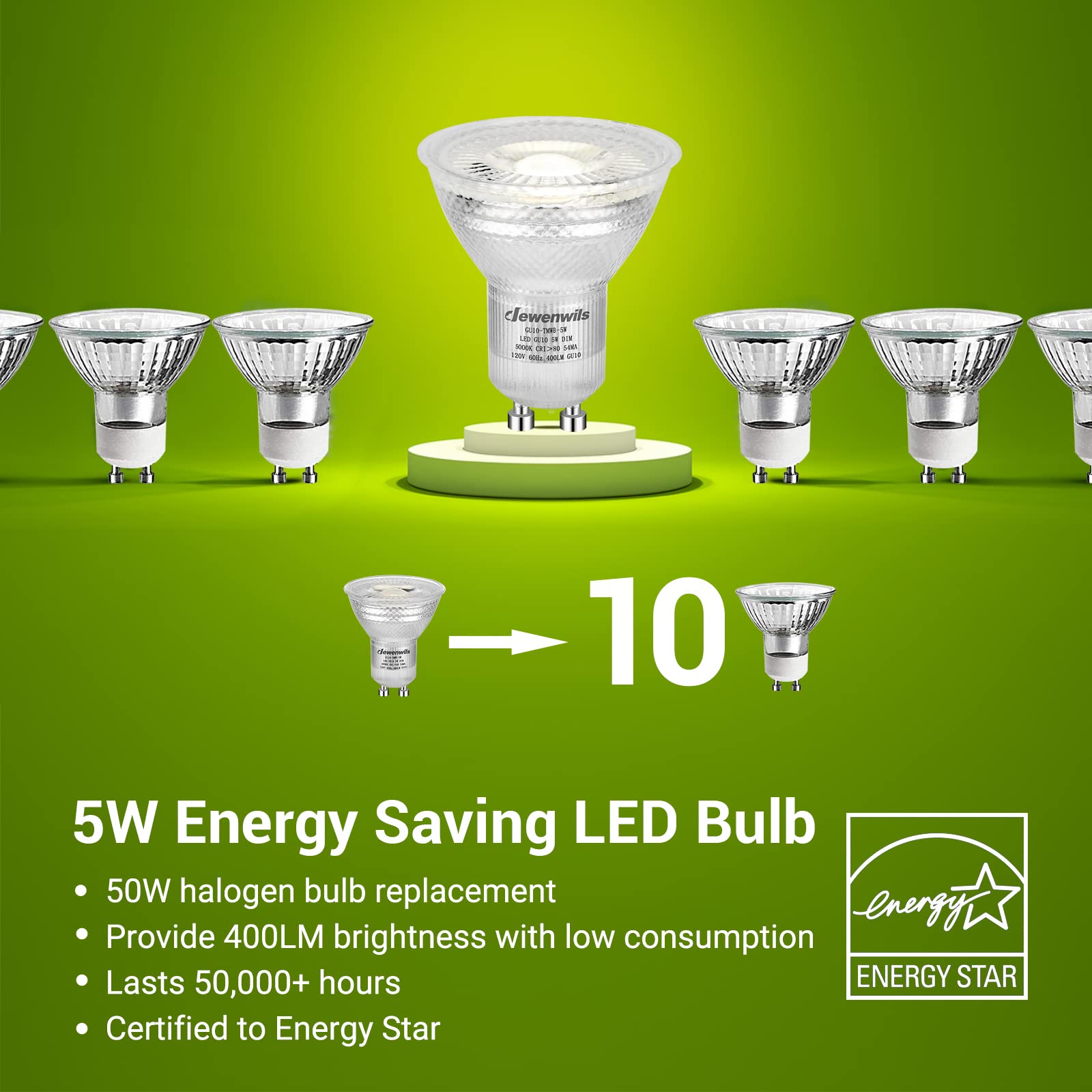 DEWENWILS 10-Pack GU10 LED Dimmable Bulb, 400LM, 5000K Daylight Track Lighting Bulb, 5W(50W Halogen Equivalent) LED Light Bulb, Glass-Like Pattern, 40°Beam Angle, UL Listed