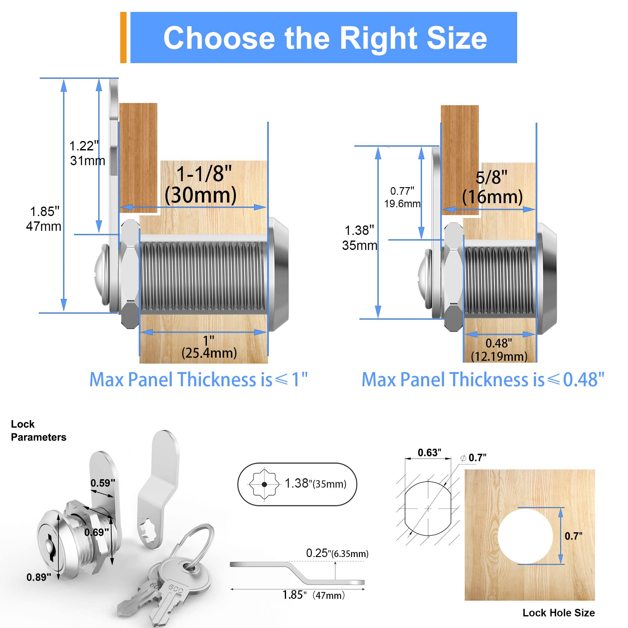 BOZXYE 1 Pack Cabinet Locks with Keys, 5/8" Cabinet Lock Tubular Cam Lock Keyed Alike, Rv Locks for Storage Door Secure Files Drawers Toolbox, Zinc Alloy