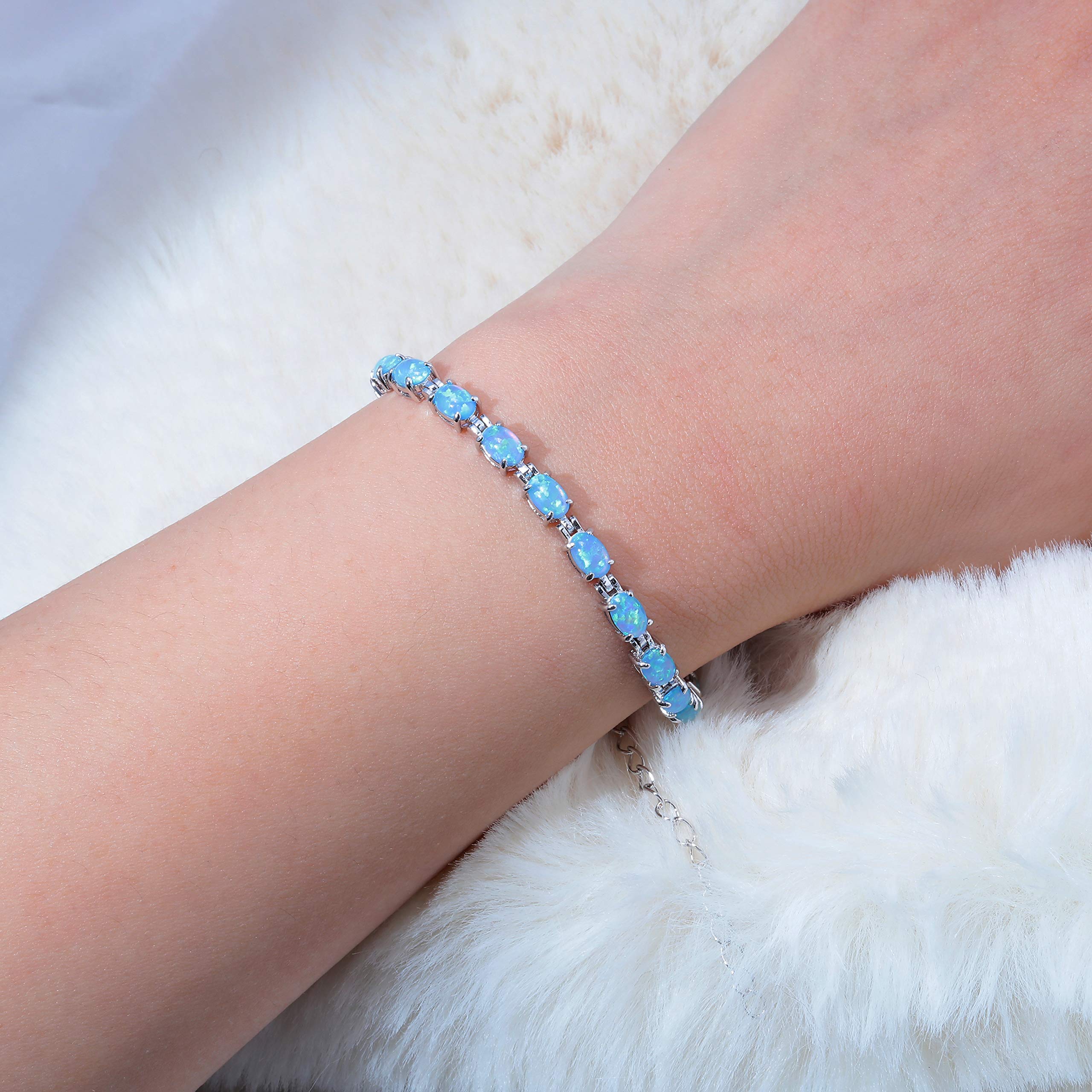 CiNily Blue Fire Opal Tennis Bracelet for Women 14K White Gold Plated Adjustable Oval Shape Gemstone Bracelet Opal Jewelry