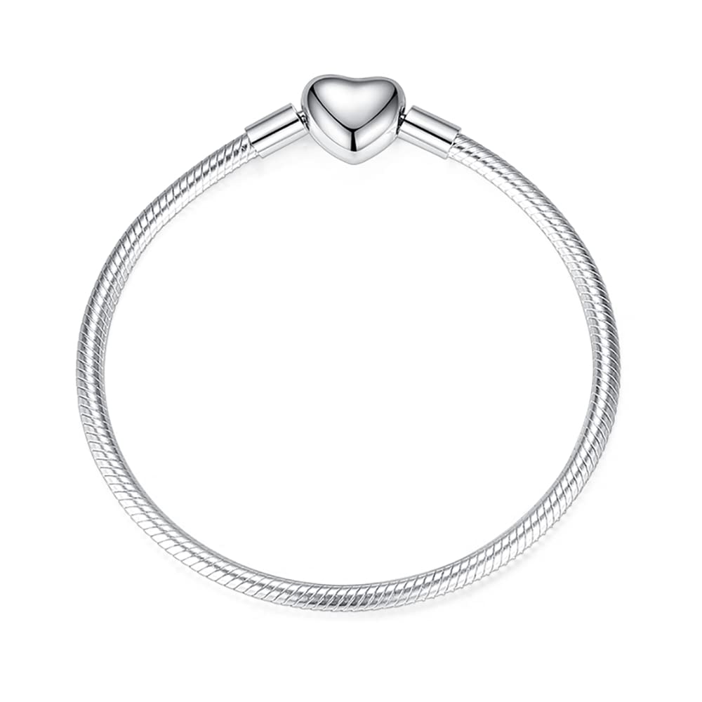 DEWHLIA Solid 925 Sterling Silver Heart Clasp Snake Chain Bracelet Fit For Beads Charms Bracelet 7.5 in
