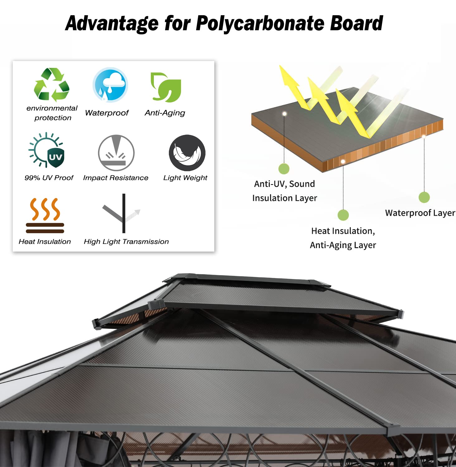 COOSHADE 10×10 Polycarbonate Roof Patio Gazebos Double Vent Waterproof Outdoor Gazebo with Curtains and Mosquito Netting (Khaki)