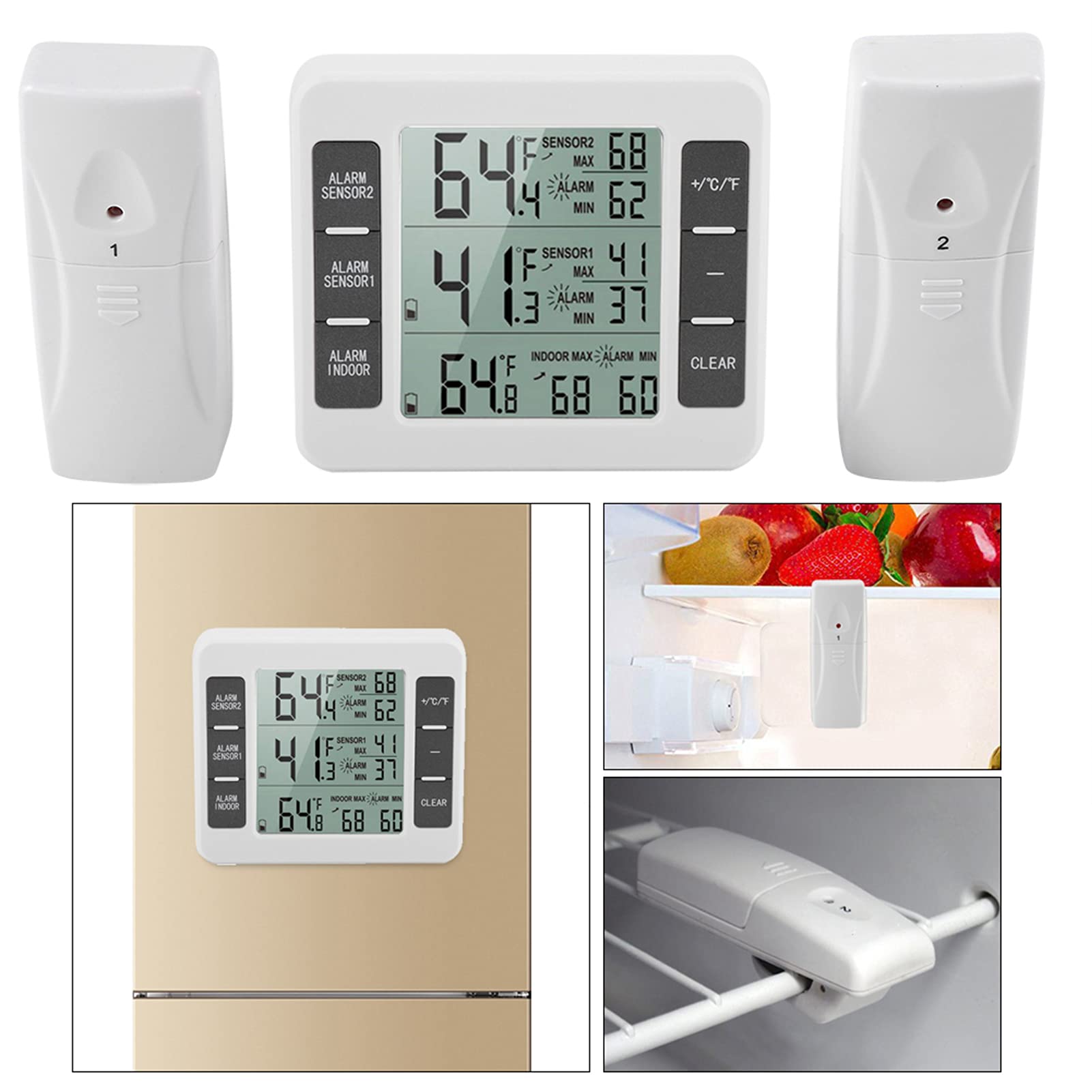 Fridge Thermometer, Digital Freezer Thermometer, Wireless Thermometer with 2 sensors and Acoustic Alarm, Refrigerator Freezer Inside Outside Thermometer, for Kitchen Home Motorhome