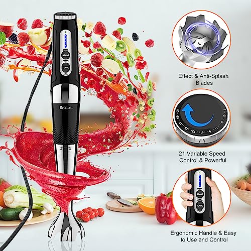 Immersion Hand Blender: 3-Angle Adjustable with Variable 21-Speed Control, Powerful Hand Blender Electric for Milkshakes | Smoothies | Soup| Puree | Baby Food (Black)
