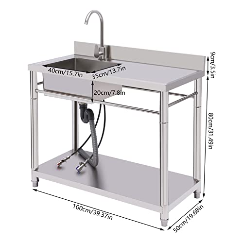 FXEIPOL Stainless Steel Utility Sink 1 Compartment Stainless Steel Commercial Sink 31.5 x 39.37 x 19.68 Inch Commercial Kitchen Sink with shelf Table Utility Sink for Kitchen, Bar, Restaurant