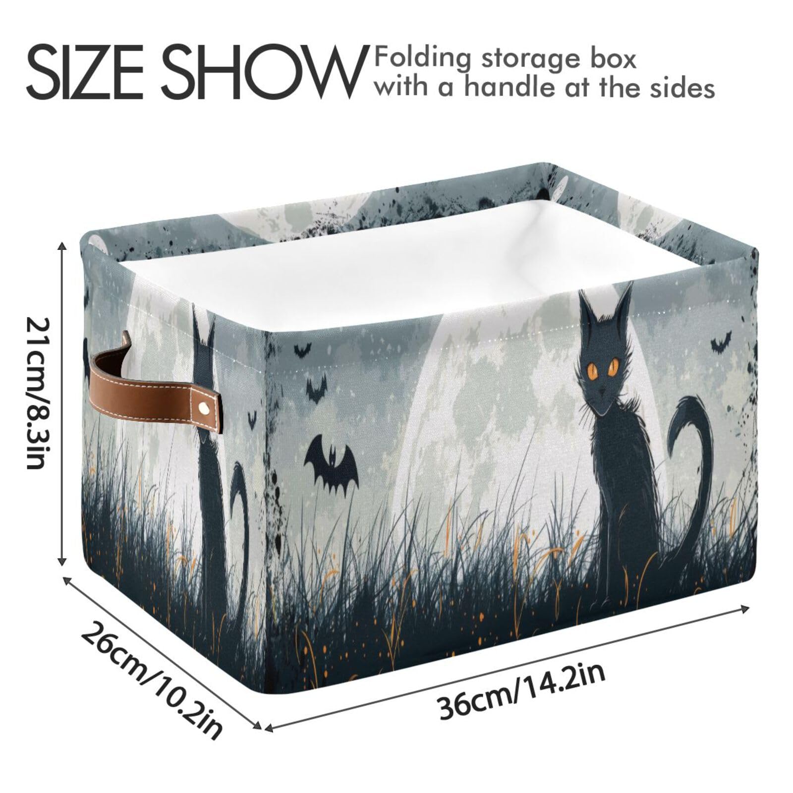 GOODOLD Spooky Black Cat Shelf Storage Baskets, Foldable Fabric Storage Bins with Leather Handles for Closet, Home, Bedroom, Nursery, Office Organizers (1 Pack)