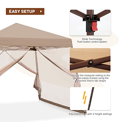INTER HUT 10x10 Pop up Canopy Tent with Mesh Netting, Slant Leg Instant Screened House Gazebo, Beige