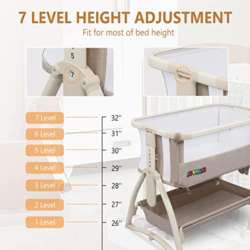 JOYMOR Bedside Sleeper Rocking Bassinet, Height Adjustable Breathable Net Bed Side Baby Cribs with Washable Mattress,Mosquito Net,Storage Basket for Infants, Beige