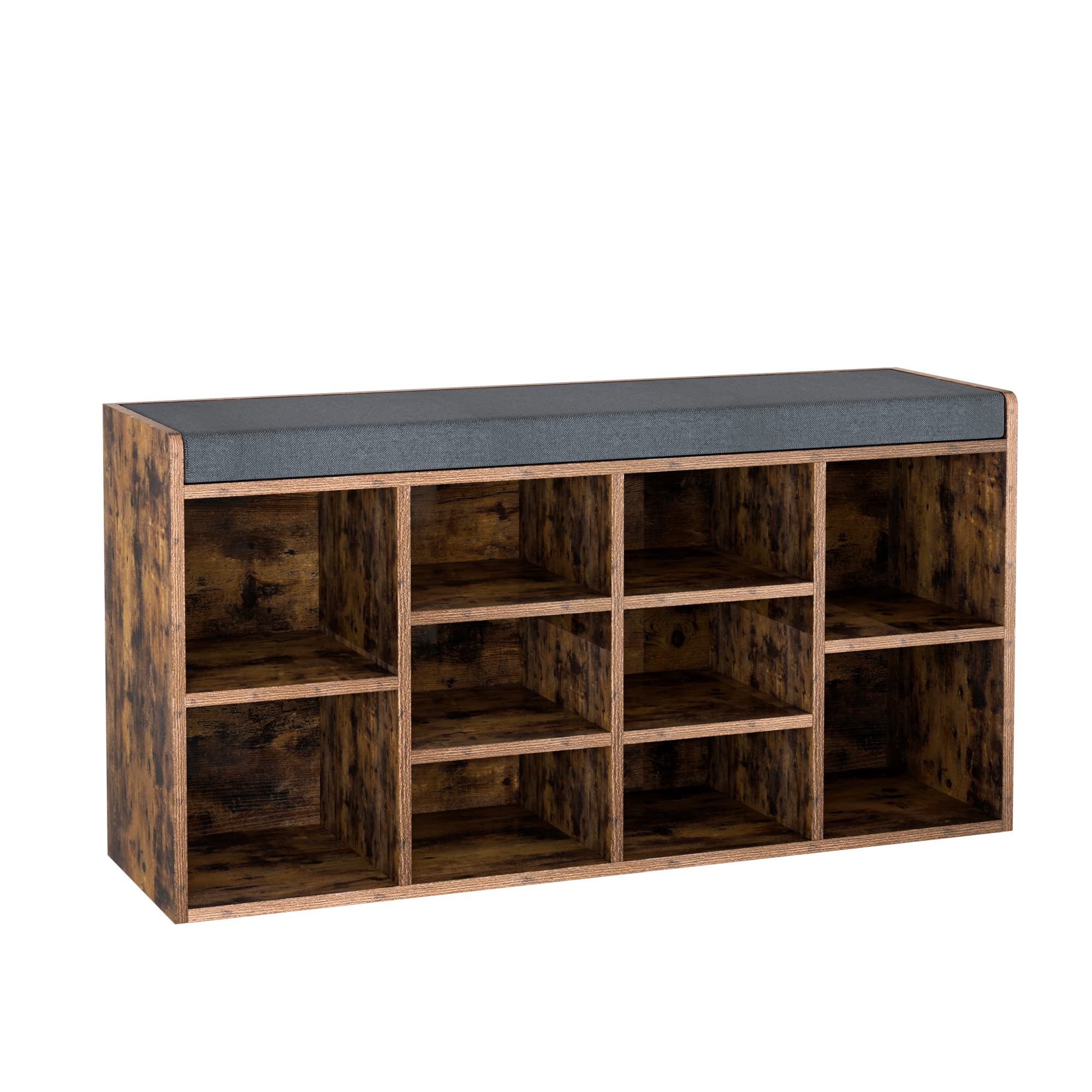 vinform Shoe Cabinet Storage Bench with Cushion, 10-Cube Shoe Storage Bench for entryway, Holds up to 220lbs, Rustic Brown