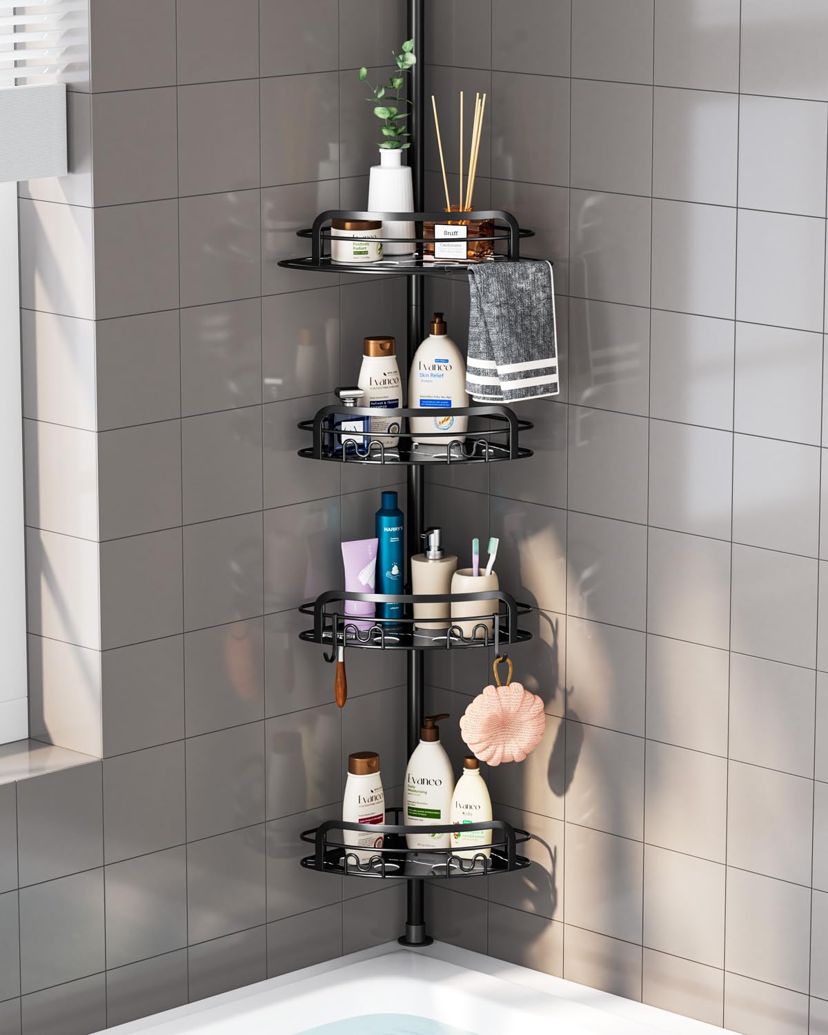 EUHOME Shower Caddy Tension Pole, Corner Shower Caddy Tension Rod 4 Adjustable Shelves Standing Shower Caddy for Bathroom Organizers Storage, Black