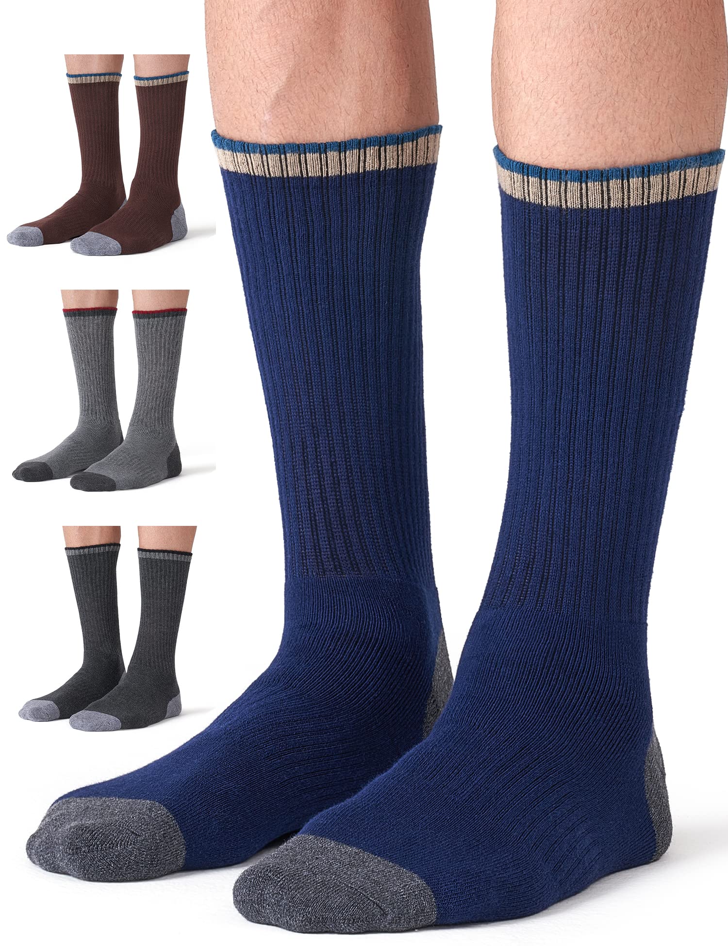 CS CELERSPORT 4 Pack Men's Merino Wool Hiking Socks Moisture Wicking Lightweight Crew Socks with Full Cushion Warm Winter Socks Thermal Boot Socks, Black, Large