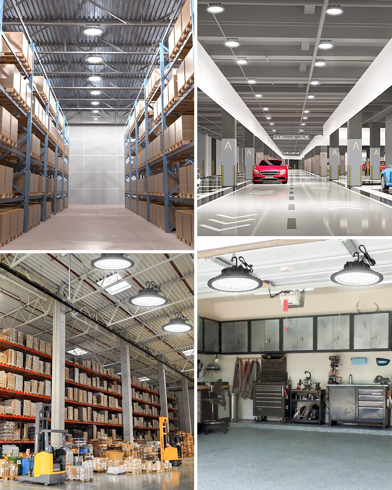 FAMURE LED UFO High Bay Light, 2Pack 100W 12000LM with Plug 5ft Cords Led 6000K Workshop Lighting IP65 Waterproof Outdoor Security Light led floodlight Garage Lighting LED Commercial Bay Lighting