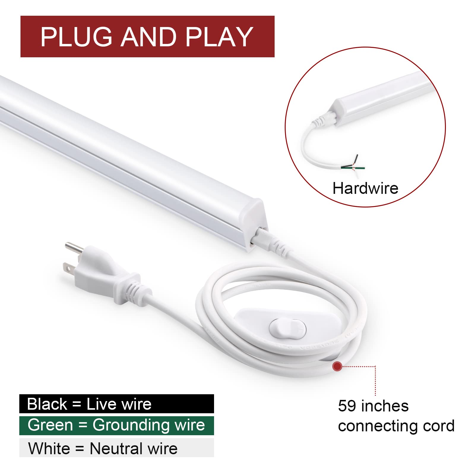 Kihung (8 Pack) LED T5 3FT Tube Light Fixture, 15W, 1800lm, 6500K, 3 Foot Linkable LED Shop Light Tube, Ceiling, Workshop, Corded Electric with Built-in ON/Off Switch