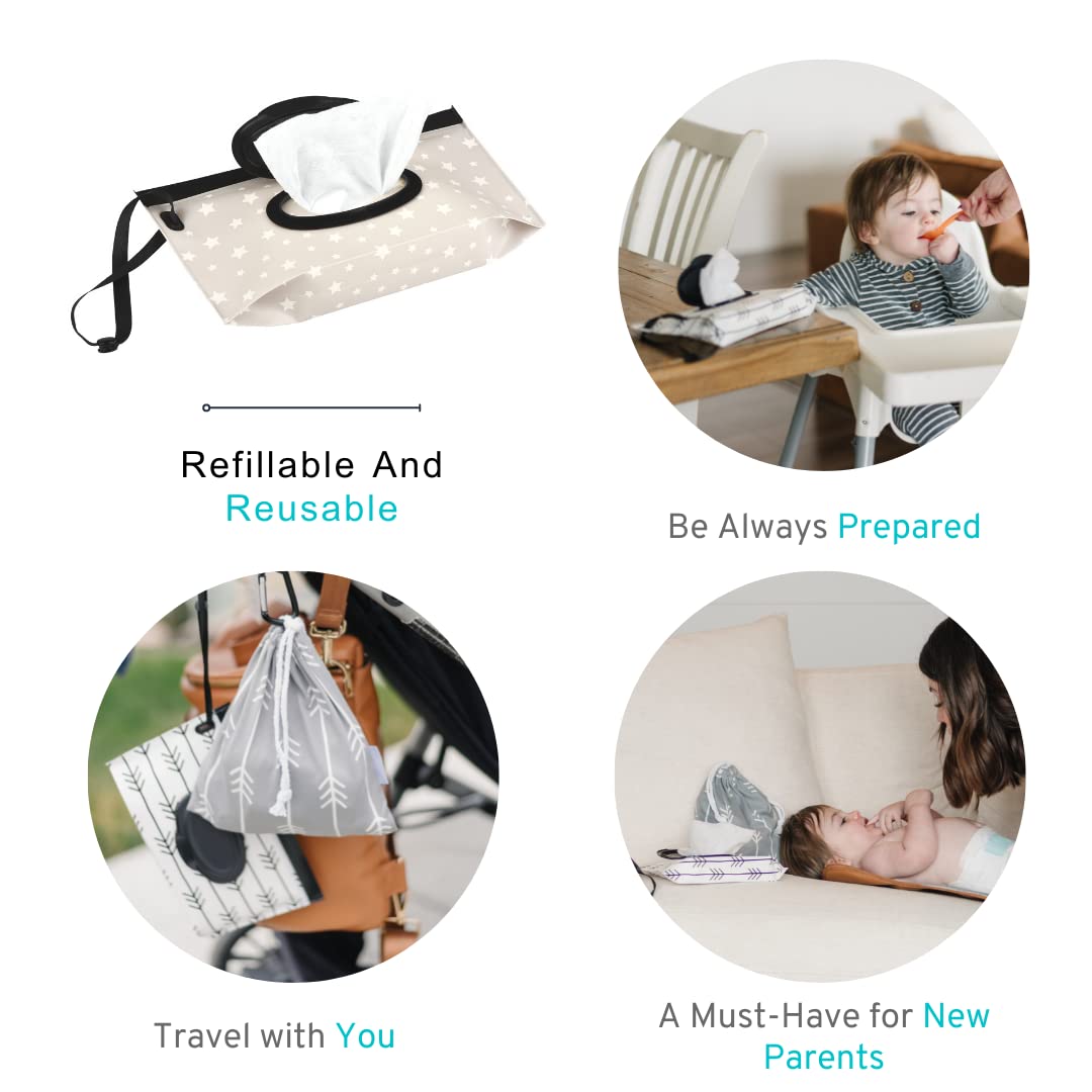 Kiki Babies Portable Wipes container & baby wipes holder 4 -Pc set: Convenient Reusable Wipes Pouch & Travel Wipes Case for On-the-Go Care Refillable Dispenser Includes 2 Stroller Hooks & Bag Gift set