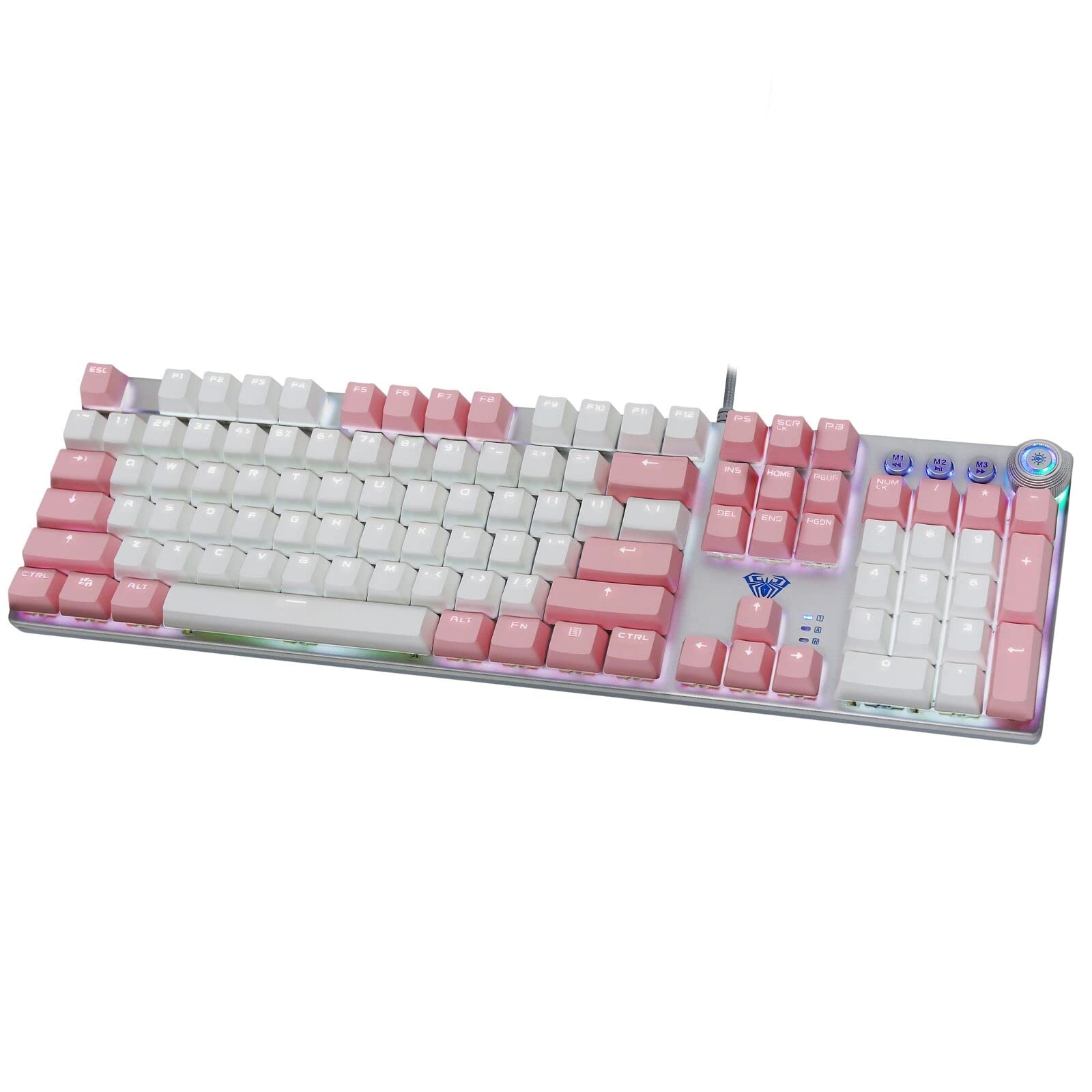 CCTECH Mechanical Gaming Keyboard,USB Wired,Magnetic Wrist Rest,Pure White Backlight Classic Keycaps,for Gaming,Office and Home,Dedicated Media Keys. (Pink)