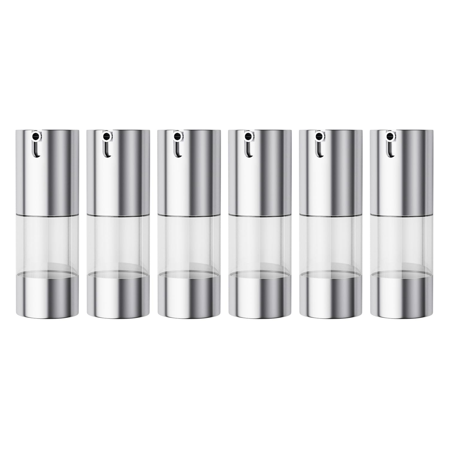 longway 15ml Airless Pump Bottle Silver Airless Cosmetic Cream Pump Bottle Travel Size Dispenser Refillable Containers（0.5oz,Pack of 6 ）