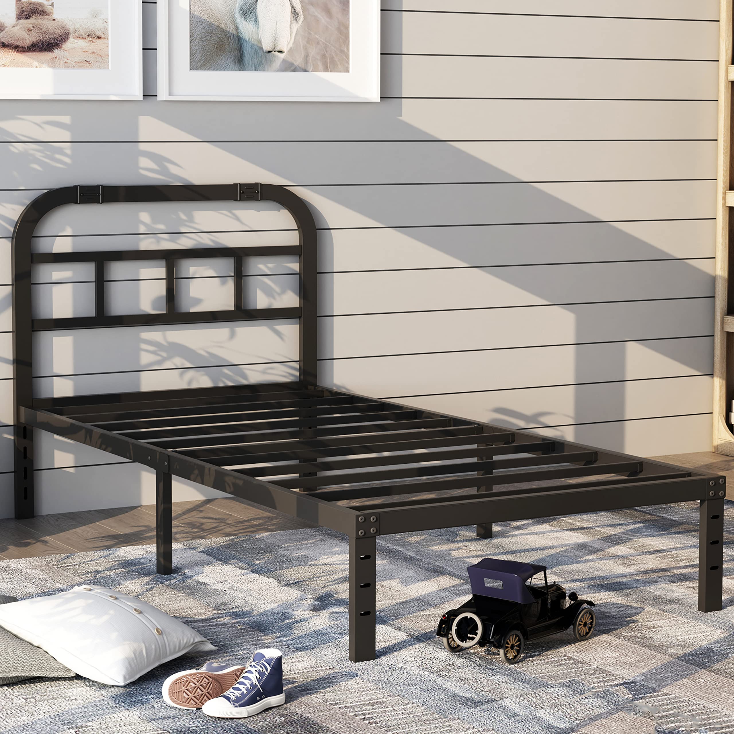 COMASACH Twin Bed Frame with headboard, 14 Inch High 3500lbs Heavy Duty Steel Slats Support Metal Bed Frames No Box Spring Needed,Noise-Free,Easy Assembly-Black
